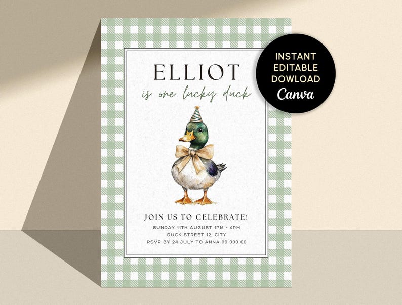 One Lucky Duck Birthday Invitation Template, Green Duck Theme ...