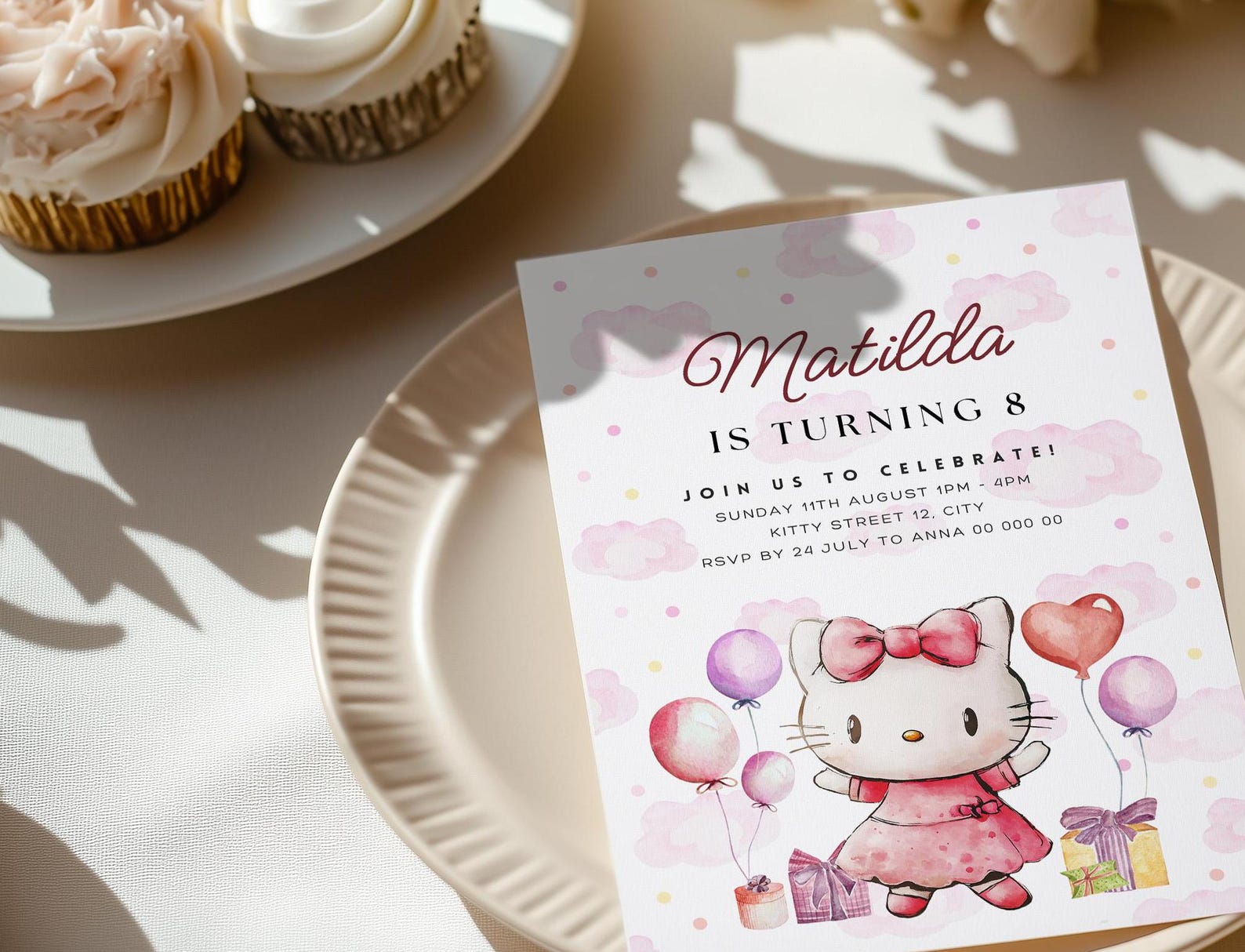 Kitty Birthday Invitation Kawaii, Girls Pink Cat Theme Invite ...