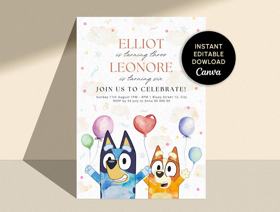 Bluey Sibling Birthday Invitation Girls Boys Template, Confetti Bingo ...