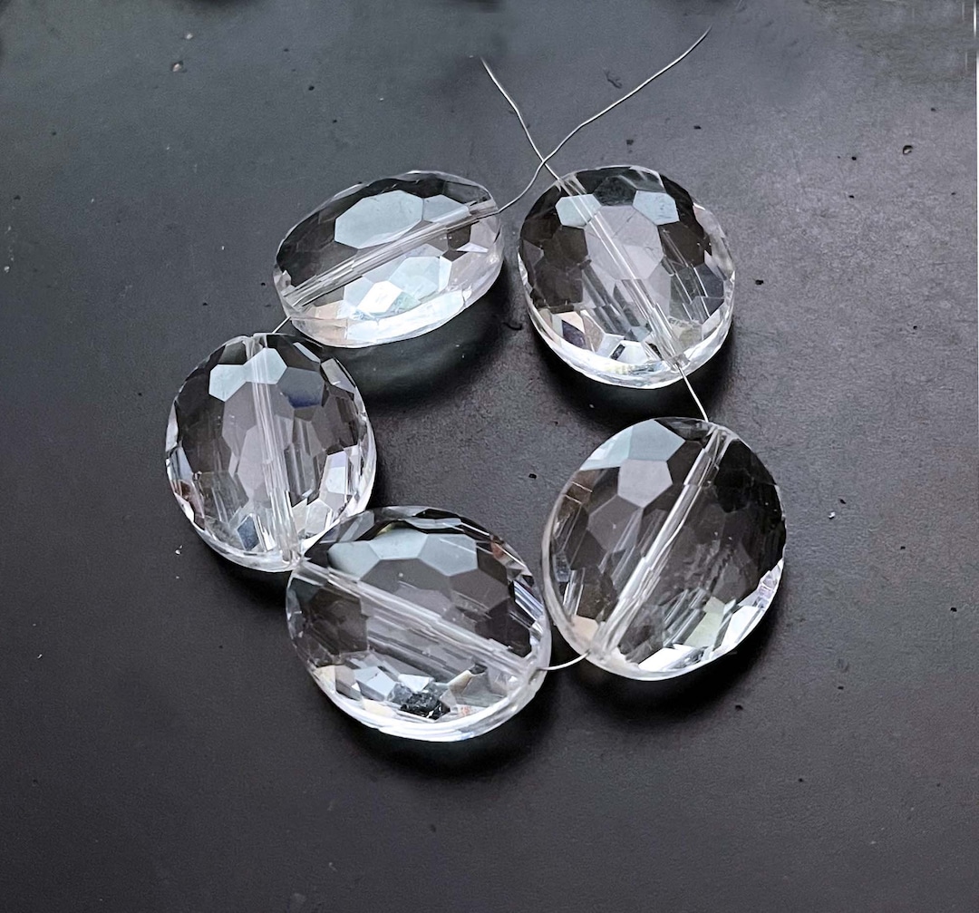 5 Large Fire Polish Glass Clear Crystal Faceted Oval Focal Beads ...
