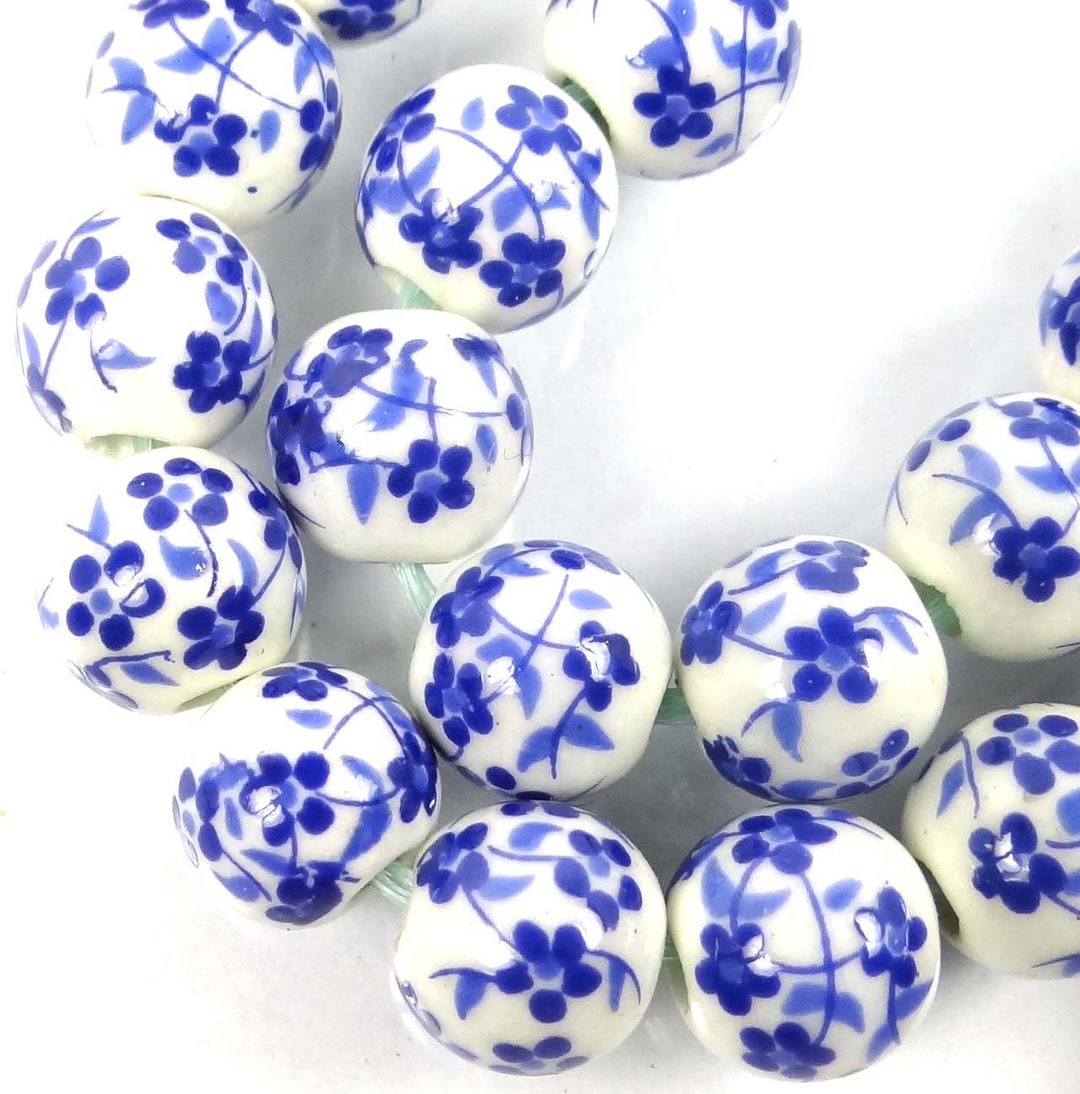 Floral Blue White Porcelain Ceramic Round Beads Decal 8mm or 10mm - Etsy