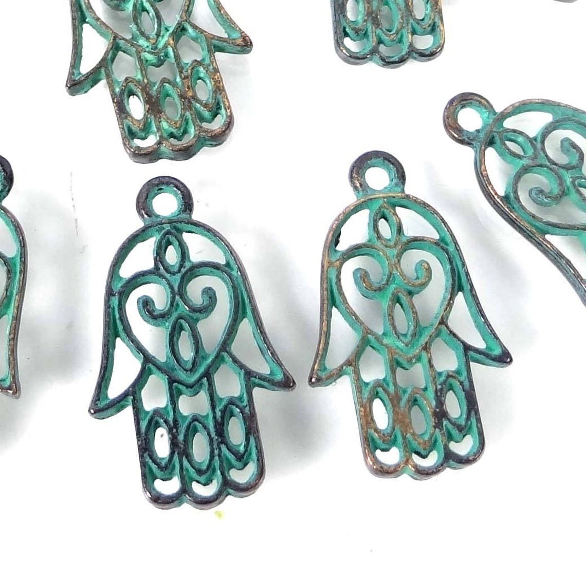 10 Hamsa Hand Charms Palm Protection Antique Bronze Pewter Green Patina ...