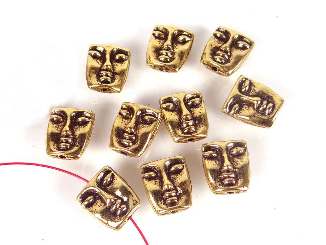 10 Man Mask Face Head Beads Antique Gold Pewter Pray Meditator ...