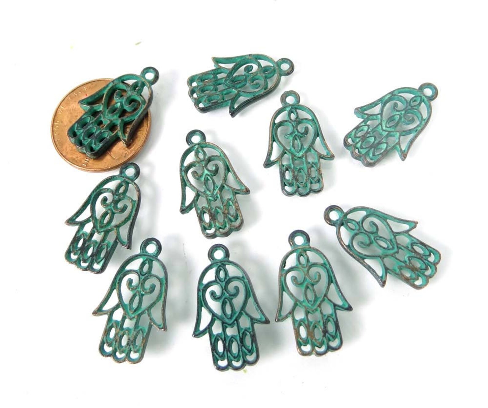 10 Hamsa Hand Charms Palm Protection Antique Bronze Pewter Green Patina ...