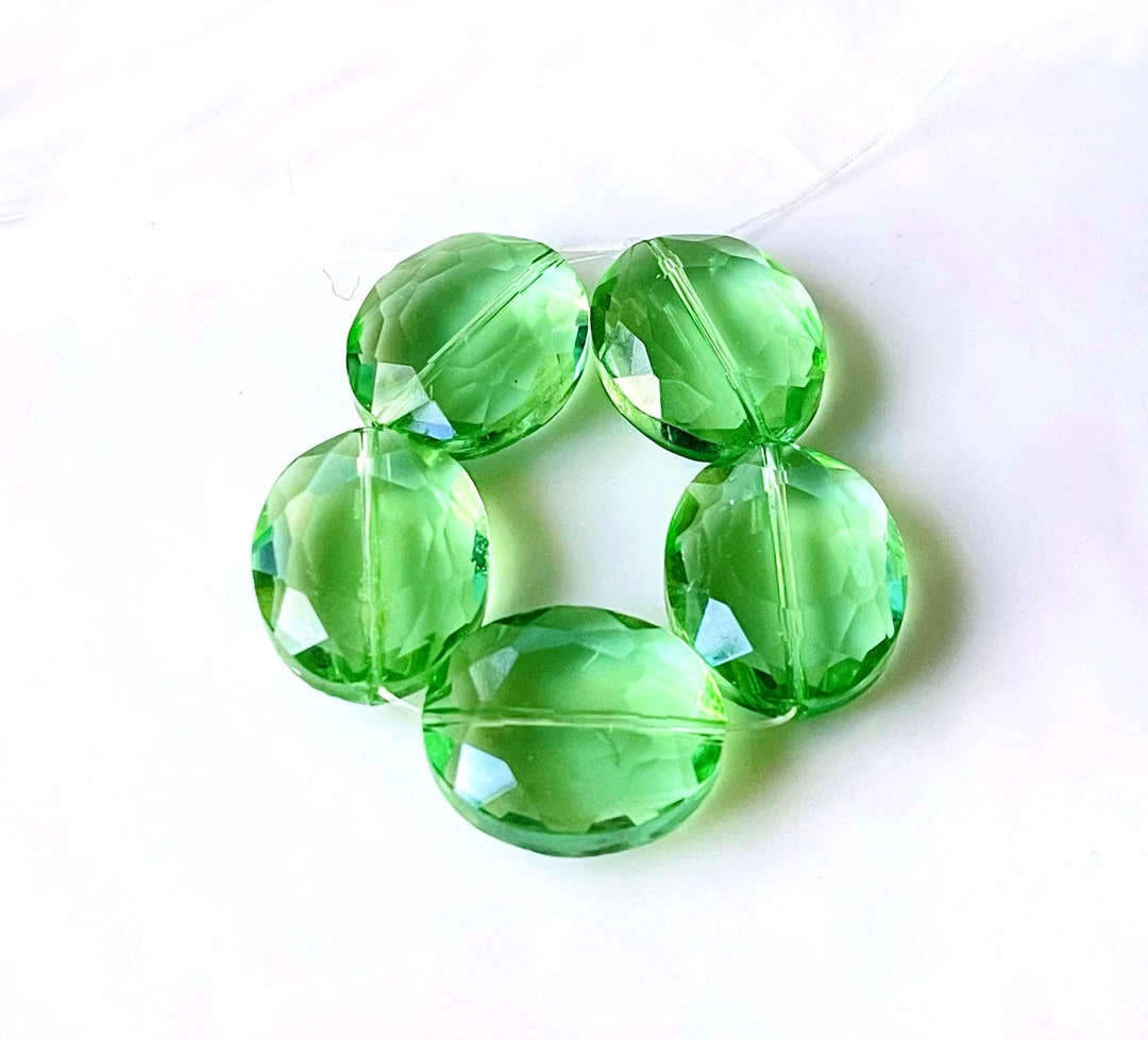 5 Large Fire Polish Glass Bright Spa Green Faceted Oval Crystal Beads ...