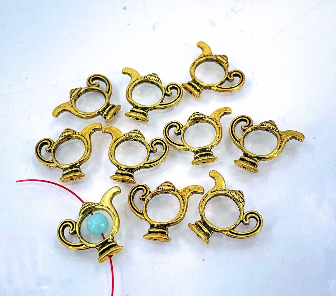 10 Antique Golden Pewter / Alloy Teapot Frame Metal Kettle Beads ...
