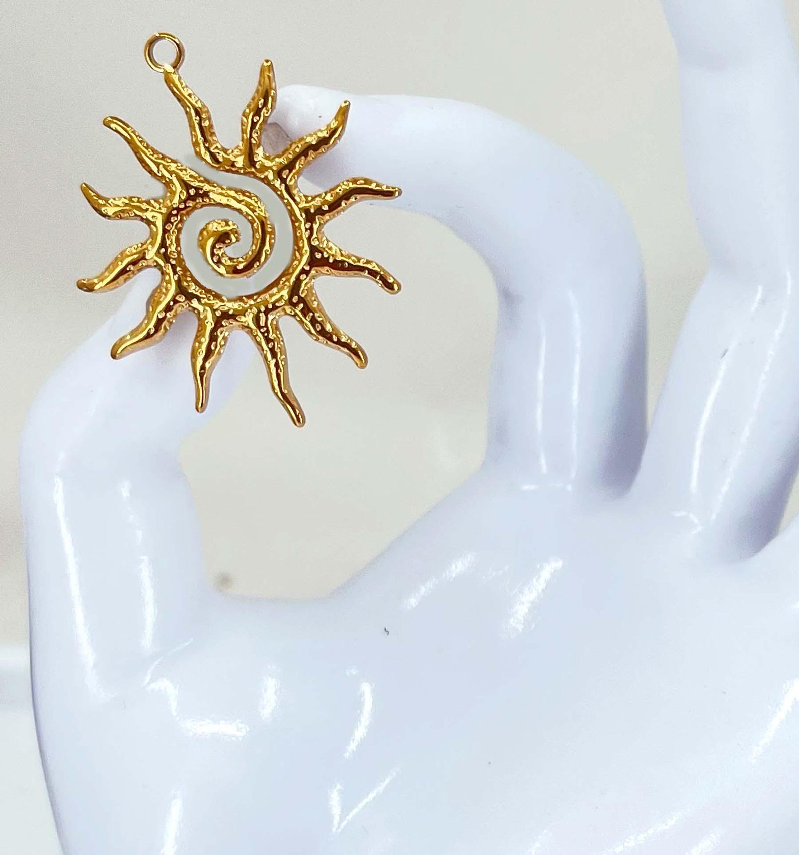 Large Hammered Spiral Sun Rays Pendant Stainless Steel Real 18K Gold ...