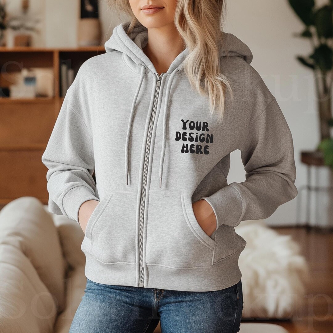 Gildan 18600 Ash Zip Hoodie Mockup Gray Zip up Hoodie Blank Mockup ...