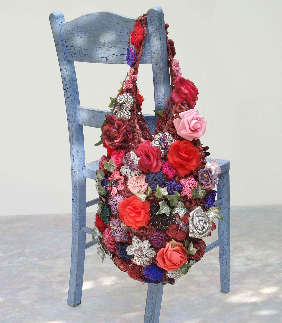 Large Boho Crochet Sling Bag in Red Raffia With Roses and Dragonflies ...