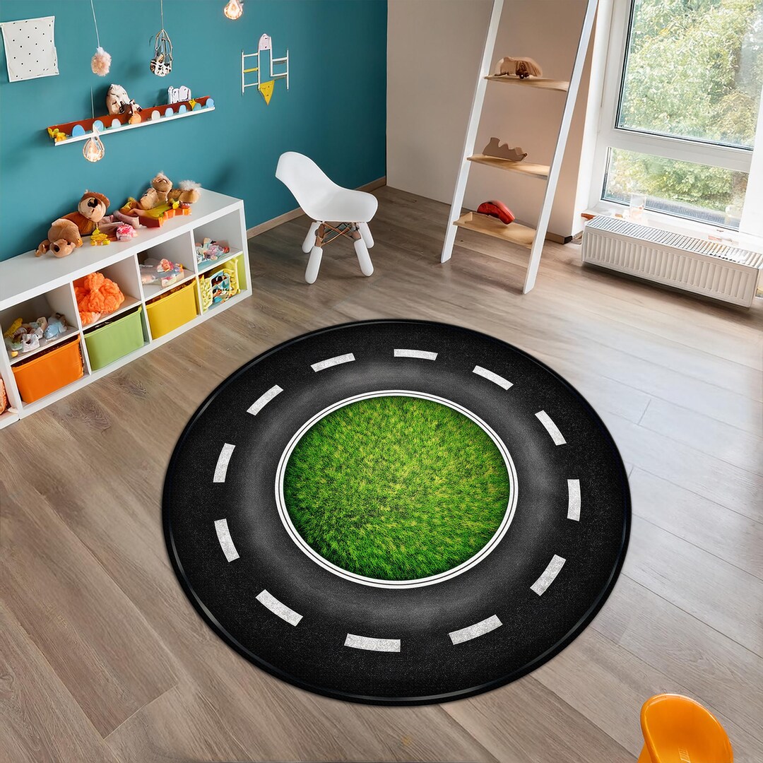Race Track, Race Track Rug, Round Racetrack Rug, Round Racing Car Rug ...