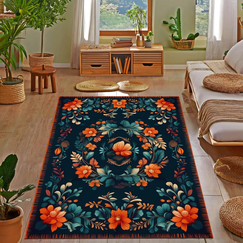 Botanical Floral Rug, Nouveau-inspired Decor, Vintage-inspired Rug ...