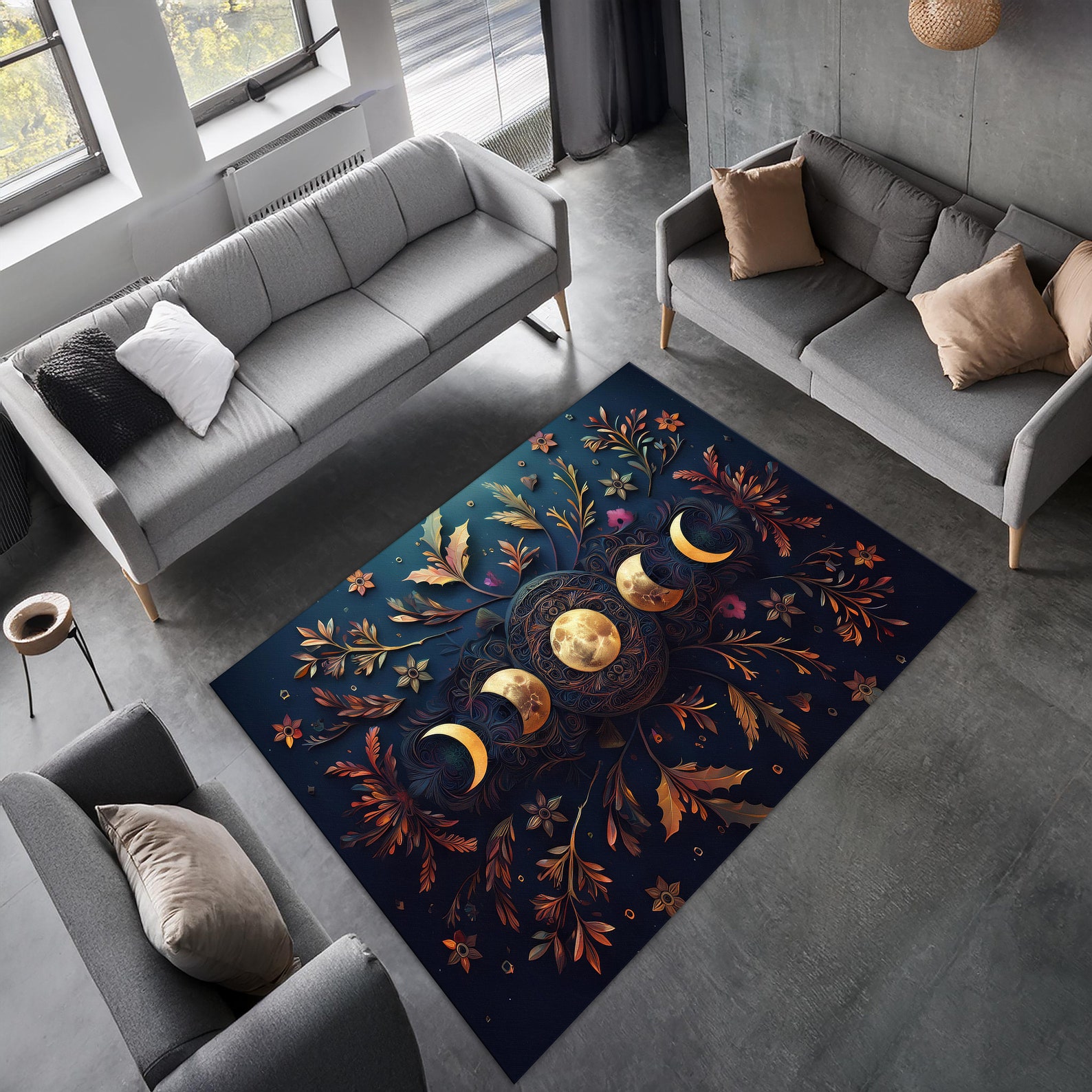 Moon Phase Rug, Night Rug, Gold Moon Rug, Moon Theme Rug, Moon Pattern ...