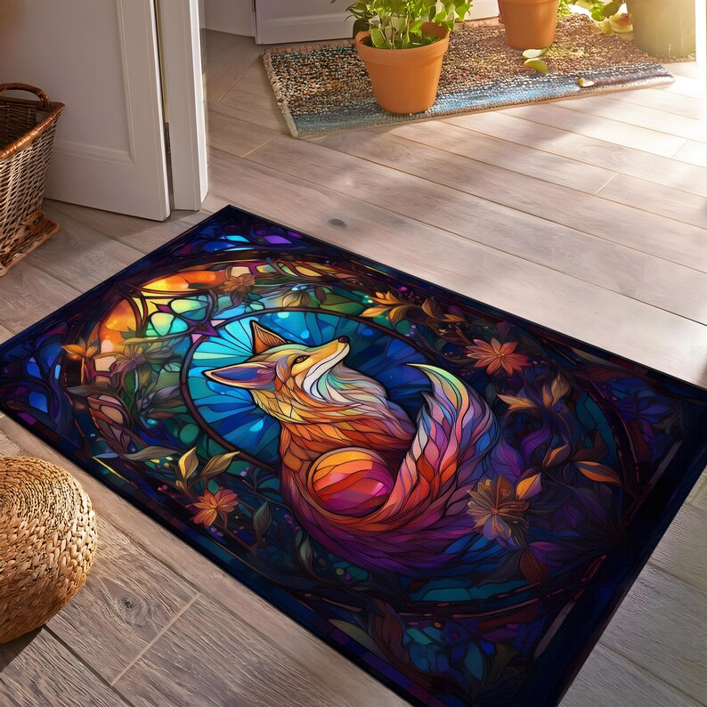 Orange Fox Rug, Floral Animal Rug, Fox and Flower Decor, Stained Glass ...