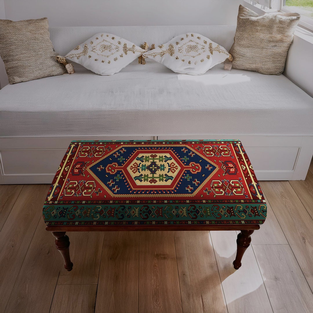 Red Ottoman Bench Turkish Rug Upholstered Wood Bench Boho Chic Bedroom ...