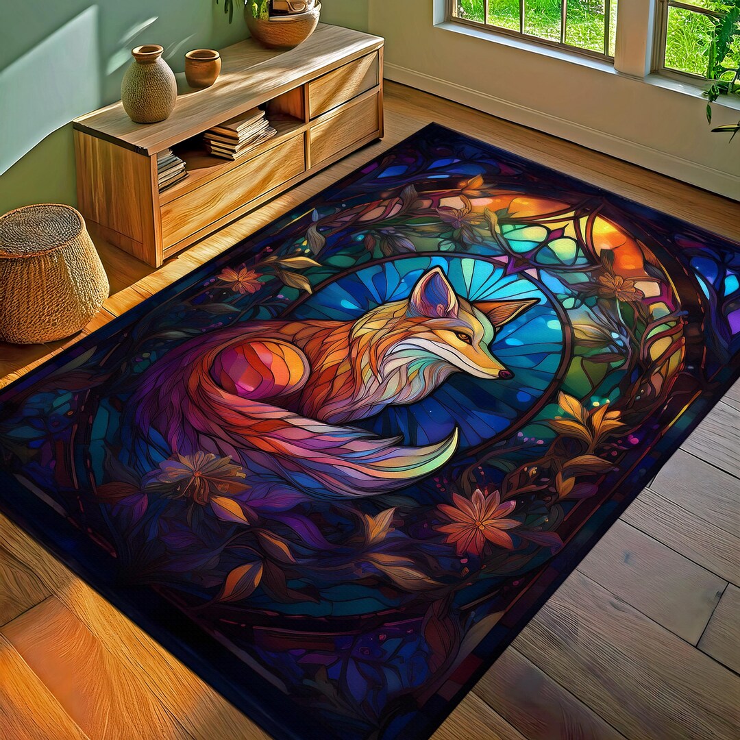 Orange Fox Rug, Floral Animal Rug, Fox and Flower Decor, Stained Glass ...