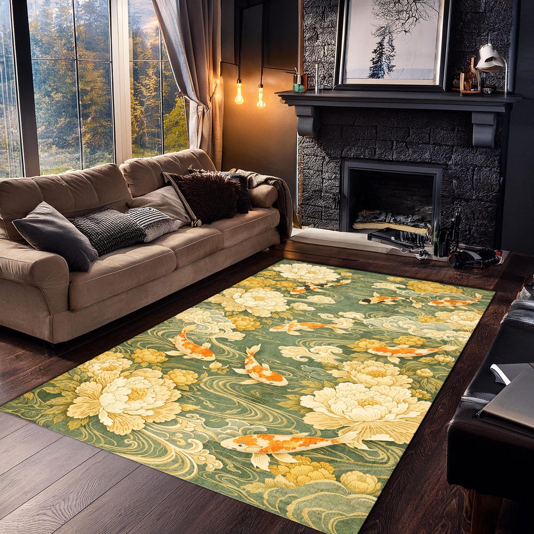 Koi Fish Rug Floral Pattern Design, Japanese Style Water and Flower Art ...