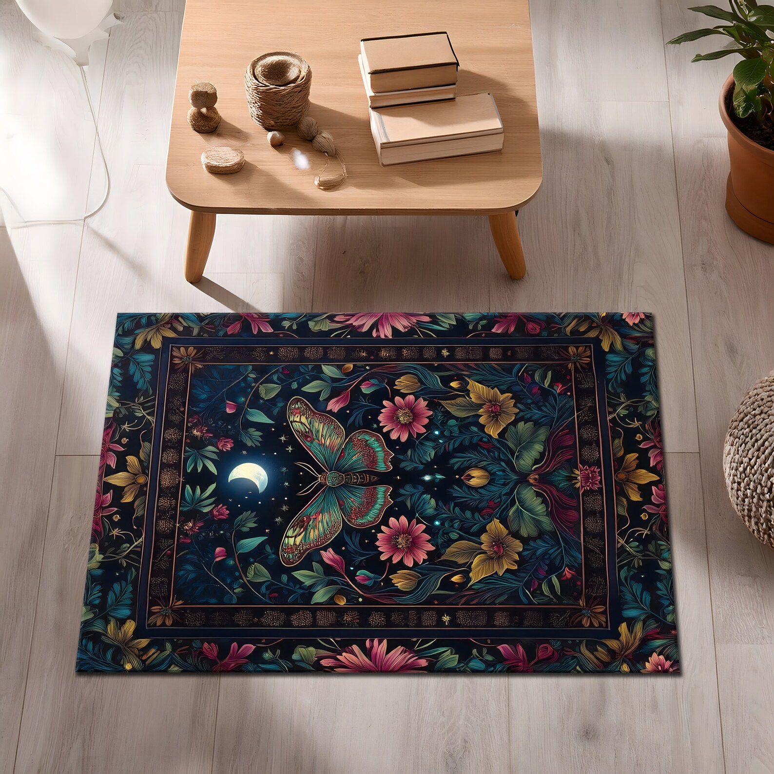 Luna Moth Rug, Mystic Butterfly Rug, Moonlit Floral Decor, Living Room ...