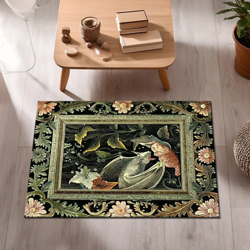 Floral Bat Rug for Goth Room Decor, Bat Rug for Witchy Room Decor ...