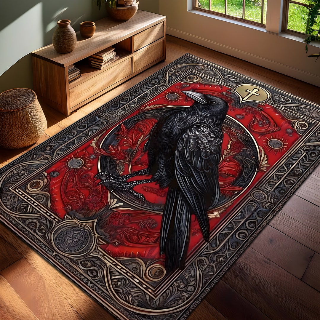 Gothic Raven Rug, Goth Room Decor, Crow in Red Rug, Dark Academia Decor ...
