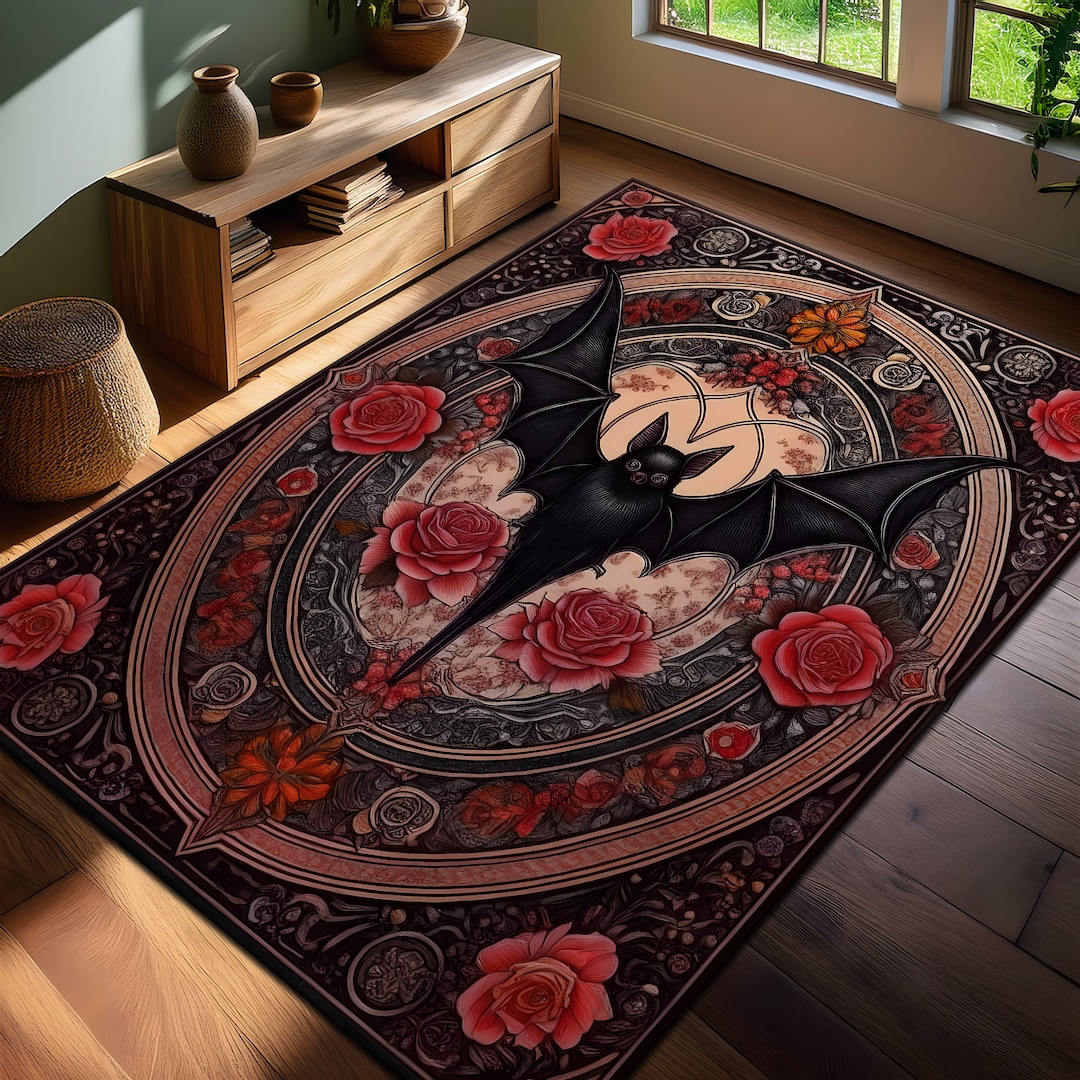 Floral Bat Rug for Goth Room, Bat and Rose Rug, Witchy Room Rug, Dark ...