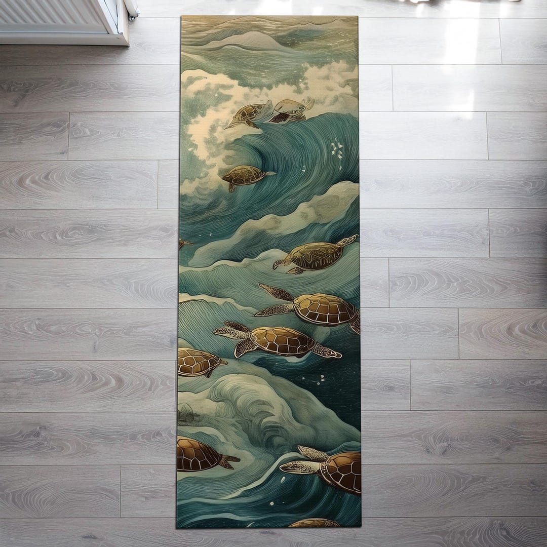 Sea Turtles & Ocean Wave Rug, for Coastal Boho Decor, Bohemian Runner ...