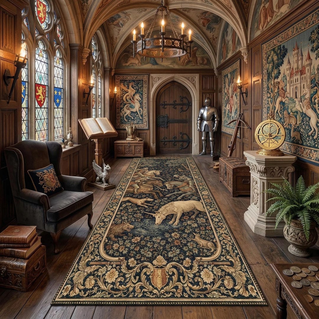 Medieval Animal Tapestry Runner Rug With Unicorn and Forest Creatures ...