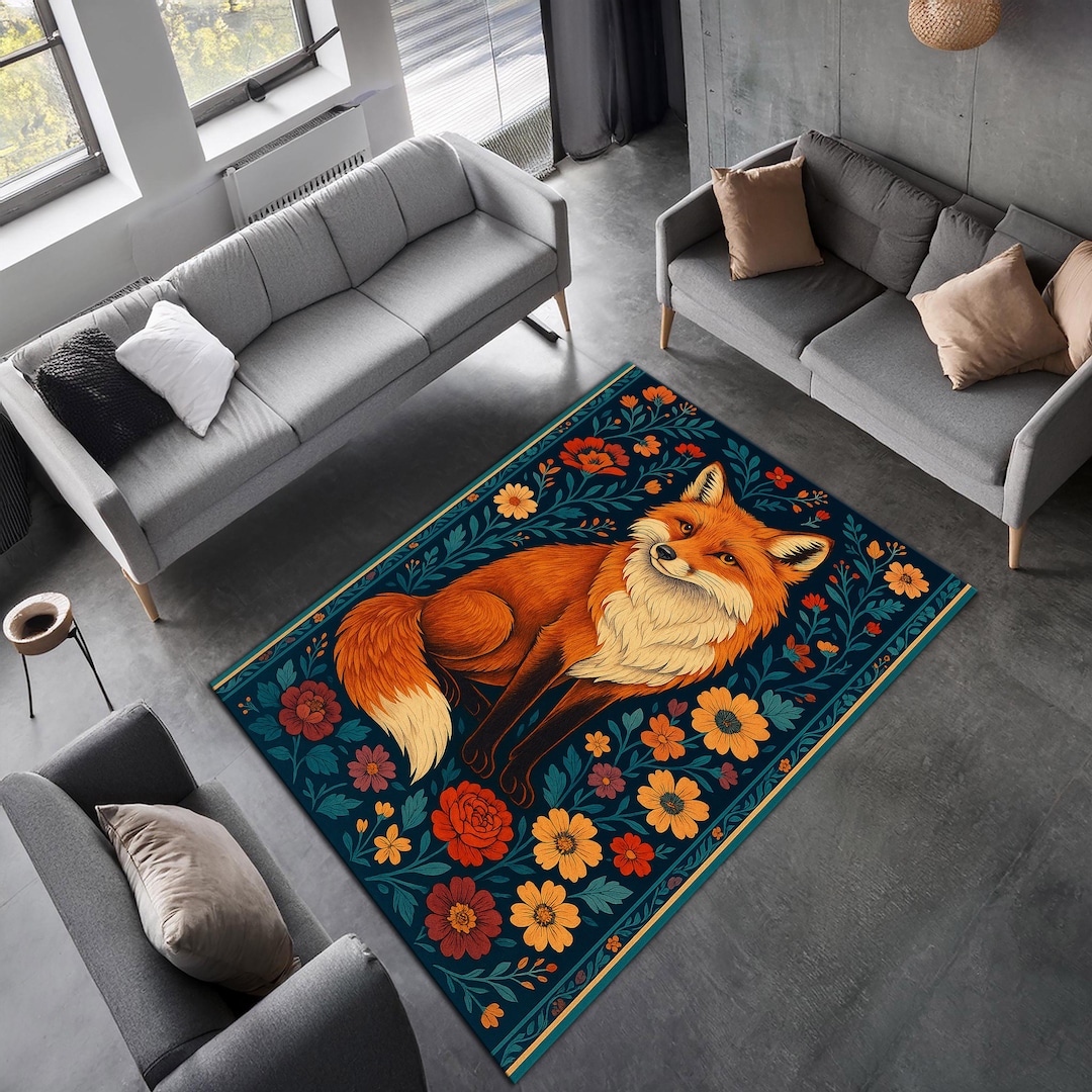 Whimsical Fox Area Rug, Colorful Floral Animal Rug, Fox - Etsy