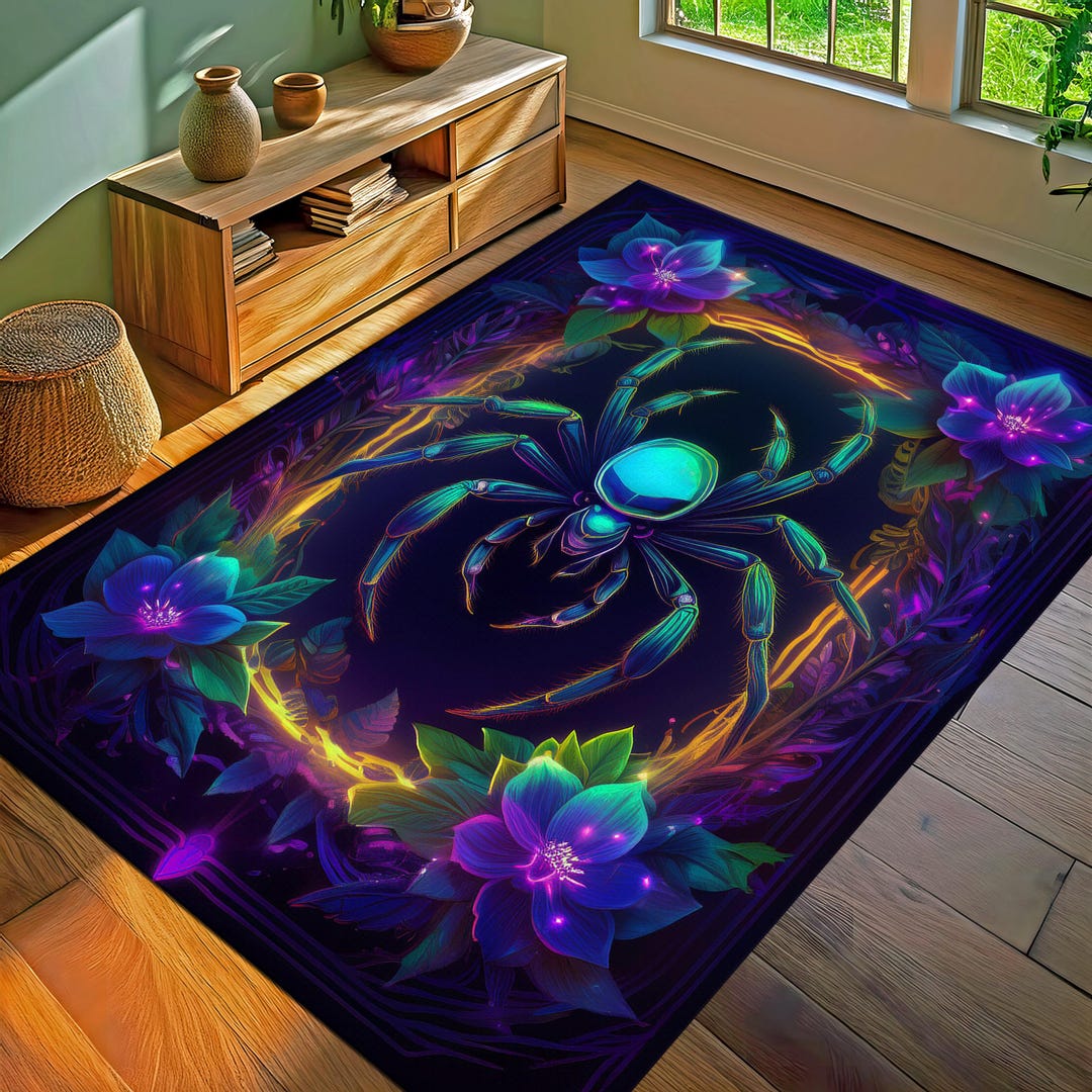 Neon Spider Rug for Gaming Room Decor, Futuristic Rug, Gothic Floral ...