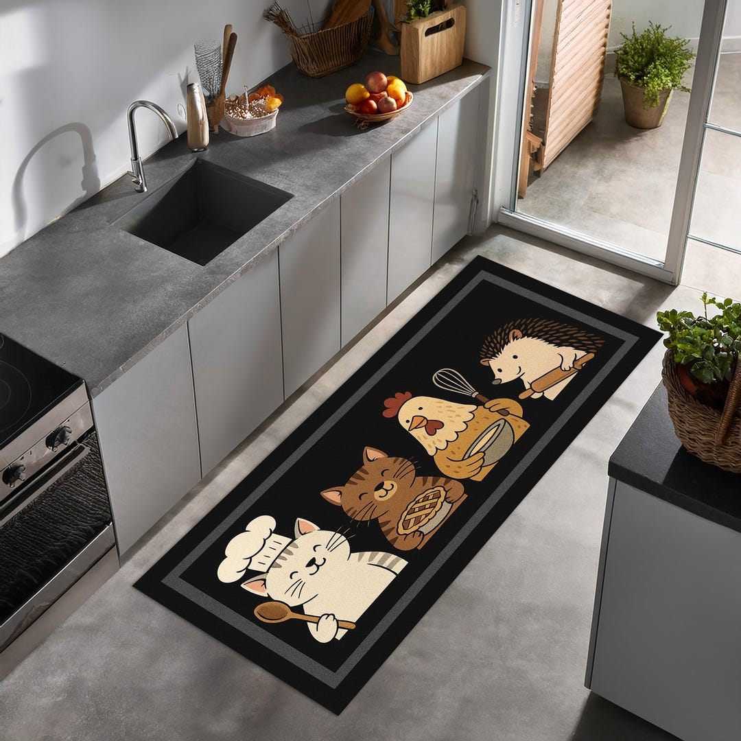Cute Animal Chef Kitchen Runner Rug – Cat Chicken Hedgehog Cooking ...