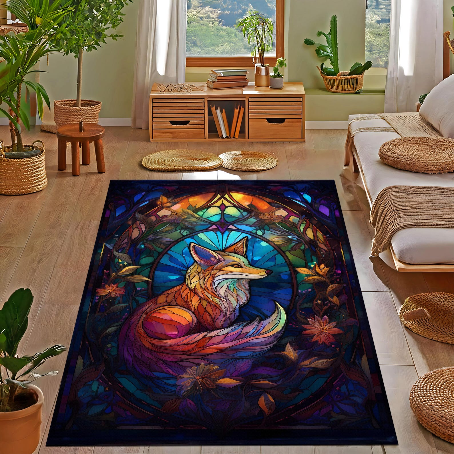 Orange Fox Rug, Floral Animal Rug, Fox and Flower Decor, Stained Glass ...