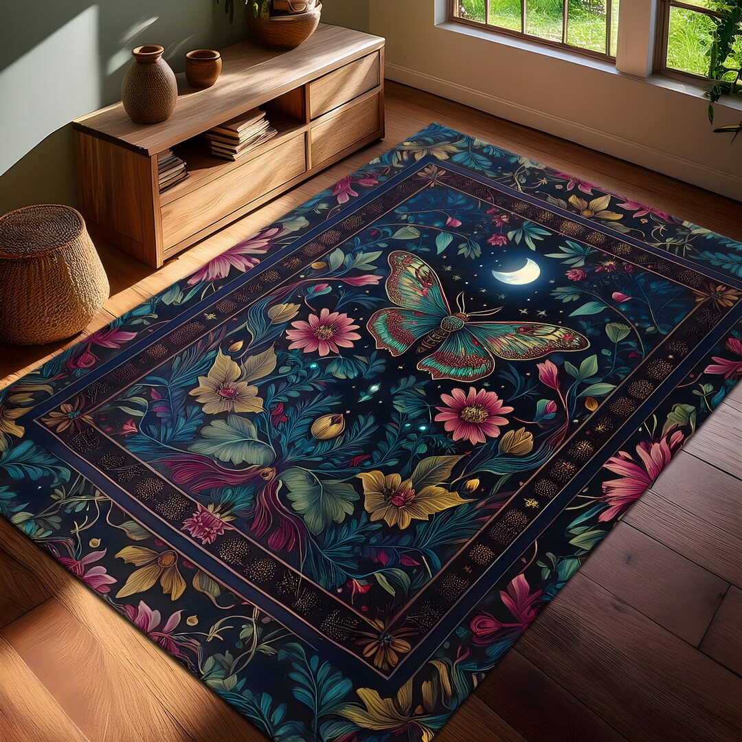 Luna Moth Rug, Mystic Butterfly Rug, Moonlit Floral Decor, Living Room ...