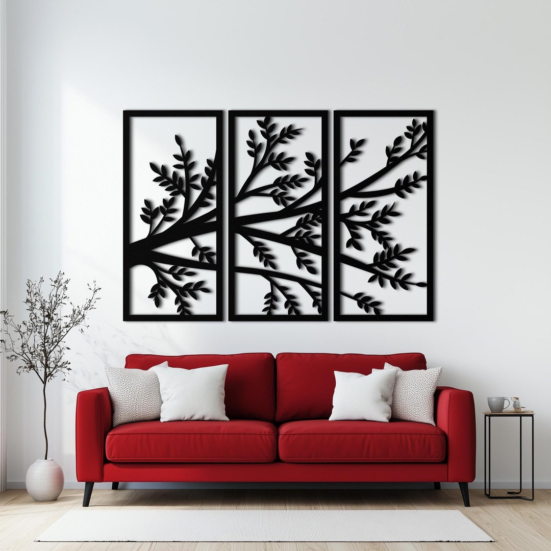 Modern Tree Branch Wall Art - 3-piece Set, Black Metal Silhouette ...