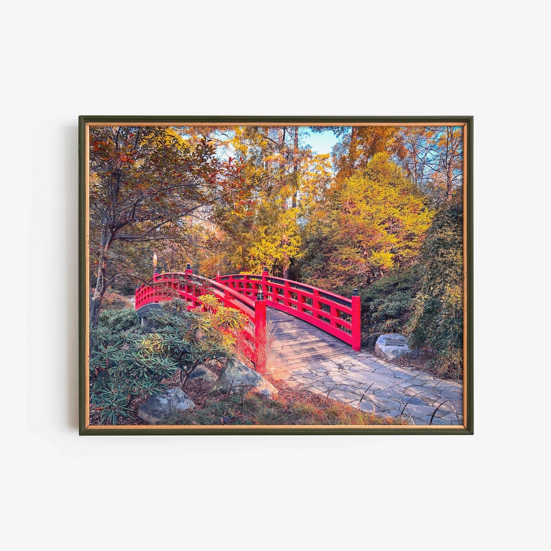 Japanese Garden Wall Art, Red Bridge Autumn Woodland Print, Zen Nature ...
