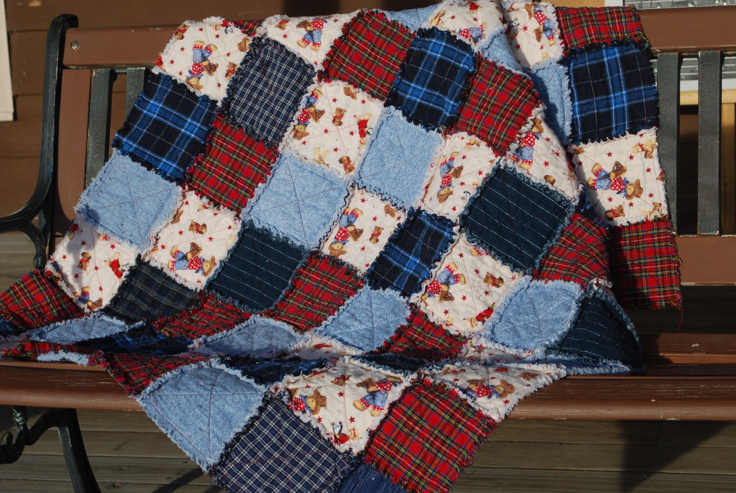 Flannel Rag Quilt Cowboy Motif Red Blue Plaid Denim Teddy Bear | Etsy