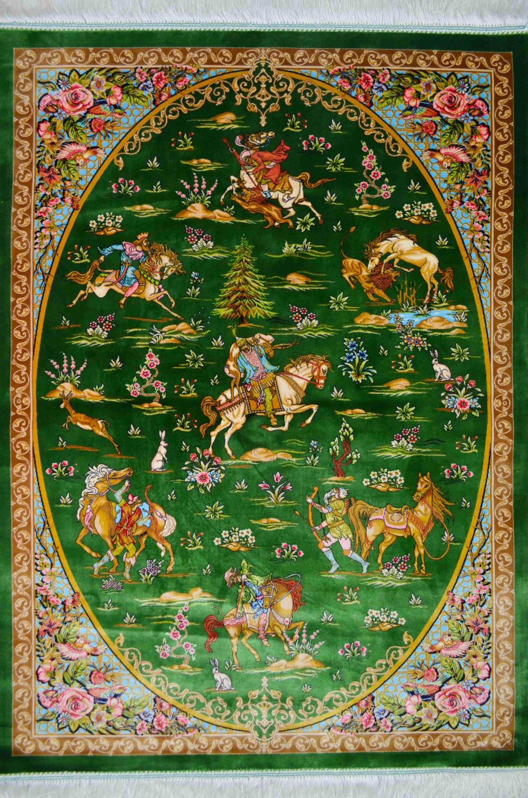 Silk-bamboo Rug Green, Hunting Scene Design 80x120 Cm 2.6x4 Ft - Etsy