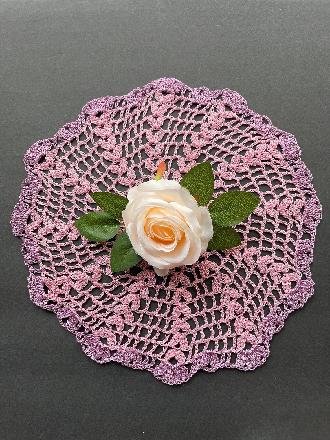 12” Hand Crocheted Two-tone Lavender/pink Heart and Swirl Doily Place ...