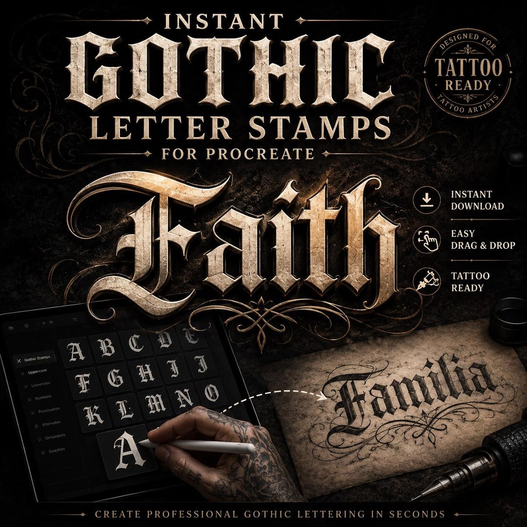 Gothic Tattoo Lettering Stamps for Procreate | Blackletter Alphabet ...
