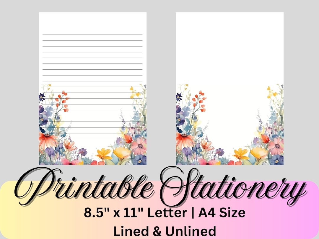 Printable Writing Paper, Watercolor Floral Design Stationery, Digital ...