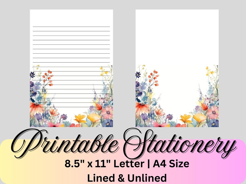 Printable Writing Paper, Watercolor Floral Design Stationery, Digital ...