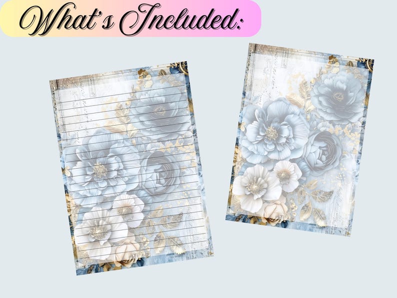 Floral Printable Paper Set Blue Flowers Writing Bundle Letter Writing ...