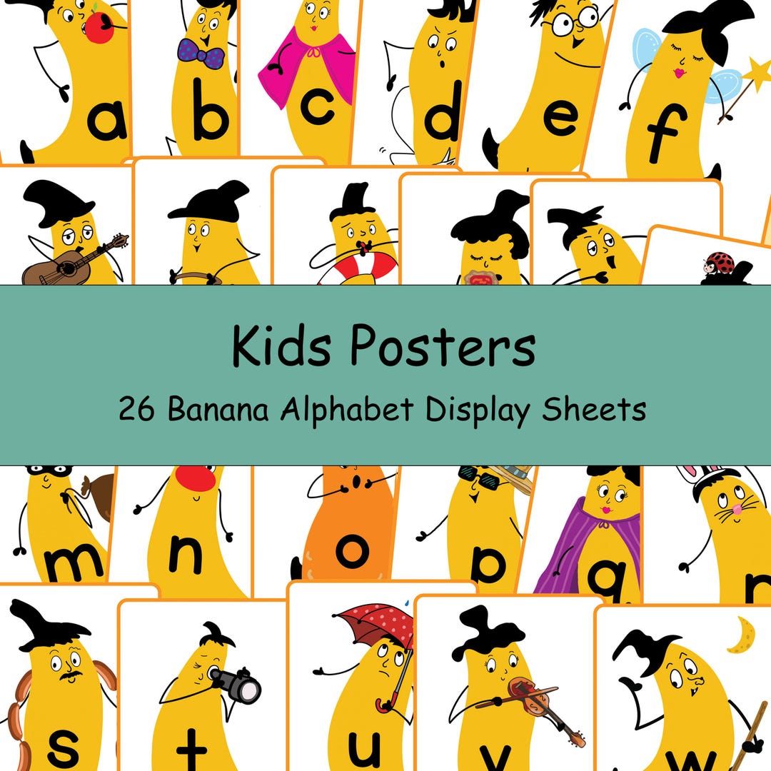 Kids Posters Lowercase Alphabet Display Fun Banana Illustrations Kids ...