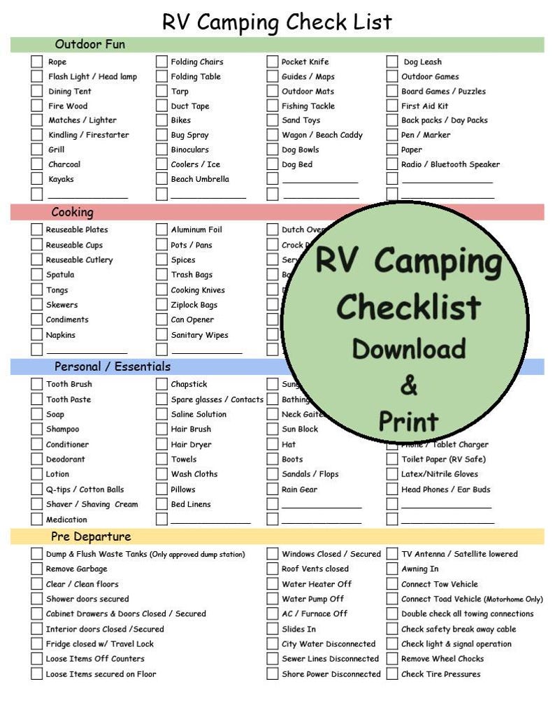 RV Camping Checklist - Etsy