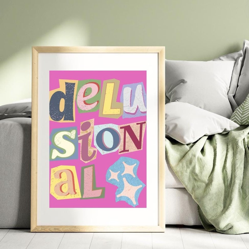Bright Pink 'delusional' Y2K Poster - Magazine Cut-out Style Printable ...