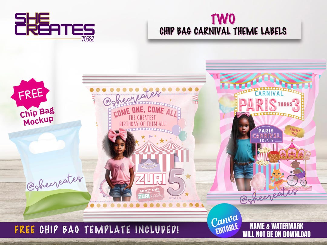 Editable Carnival Theme Chip Bag Canva Template, TWO Carnival Chip Bags ...