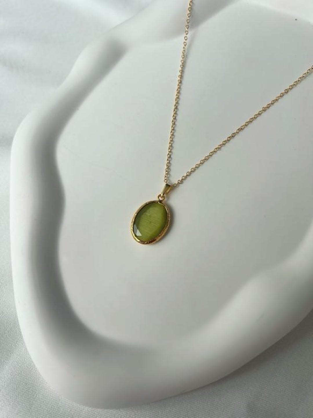 Oval Jade Gold Plated Necklace, Green Crystal Necklace,vintage Genuine ...