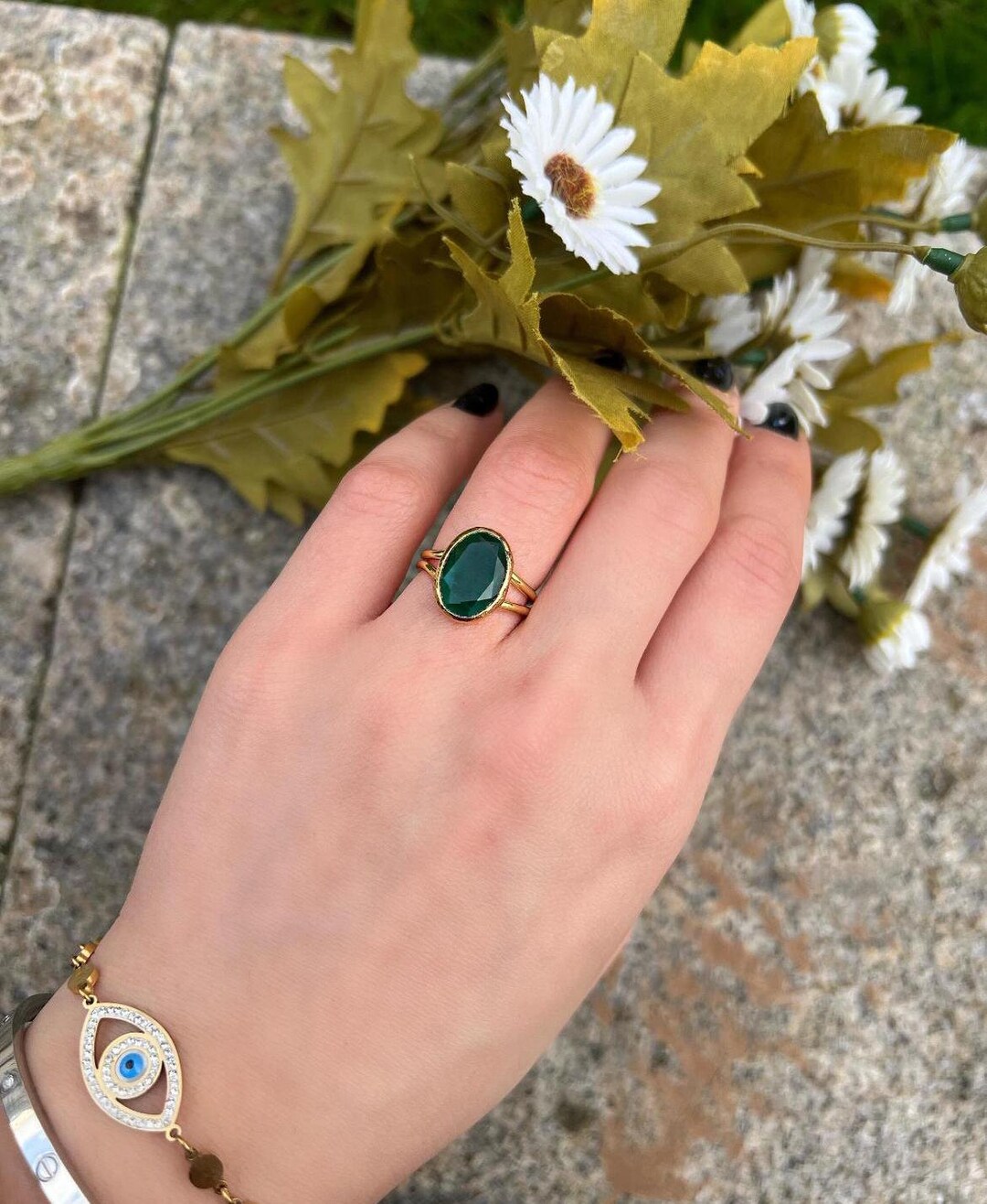 Oval Cut Dark Green Gemstone Ring, Emerald Quartz Crystals Ring, Vintage Gold Ring, Simple ...