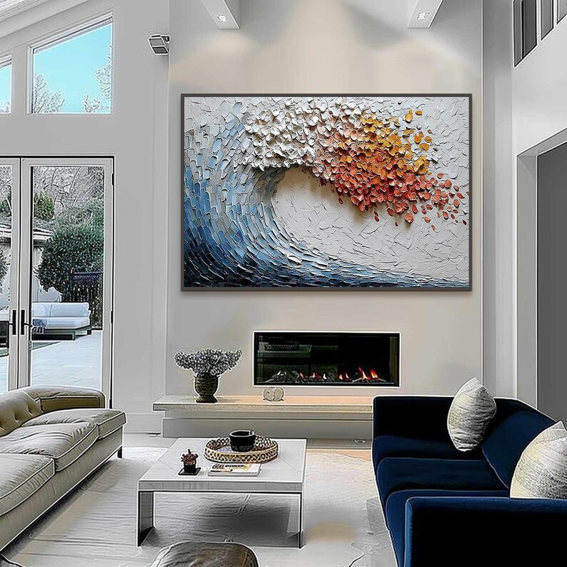 Textured Abstract Ocean Wave Painting, Mosaic Palette Knife Coastal ...