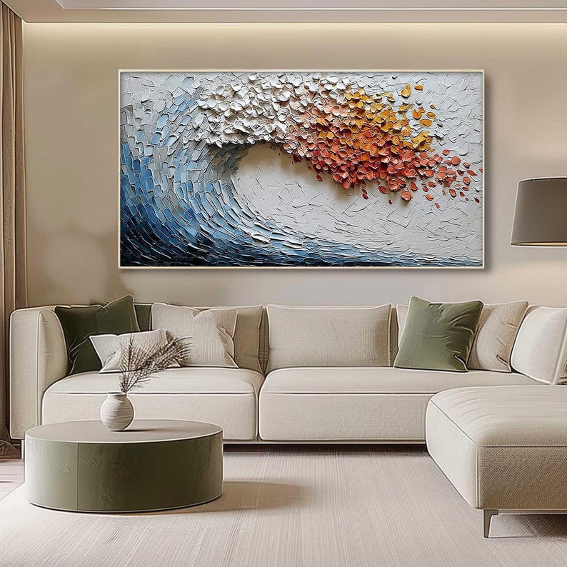 Textured Abstract Ocean Wave Painting, Mosaic Palette Knife Coastal ...
