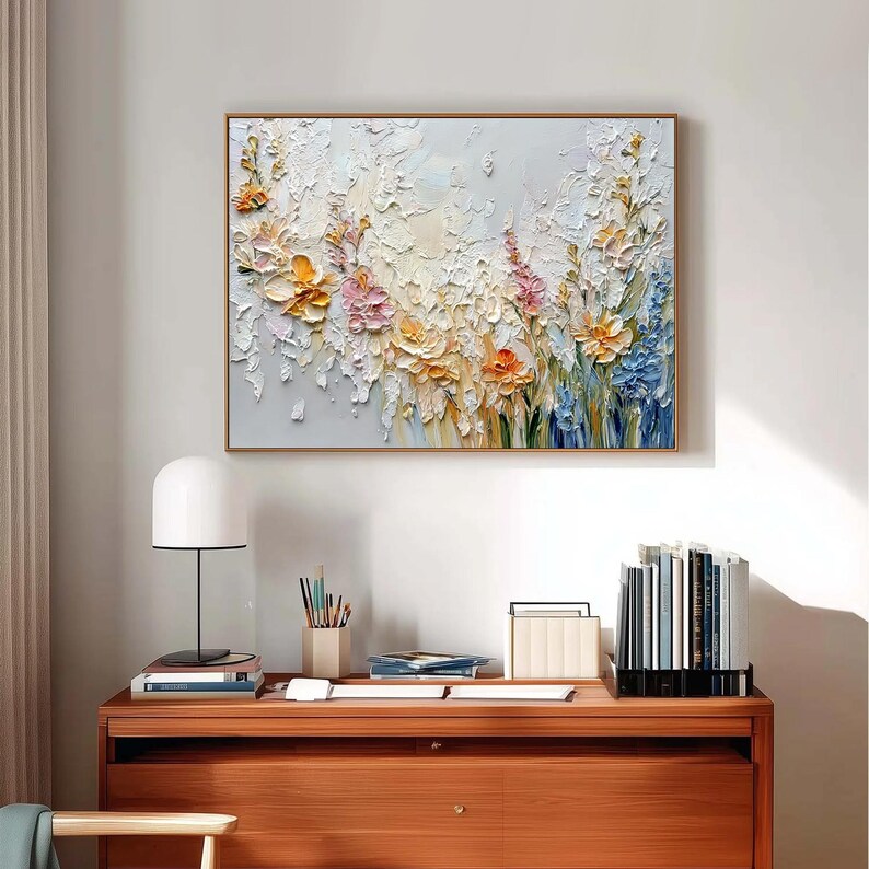 Textured Floral Oil Painting, Pastel Garden Canvas Art, Impressionist ...