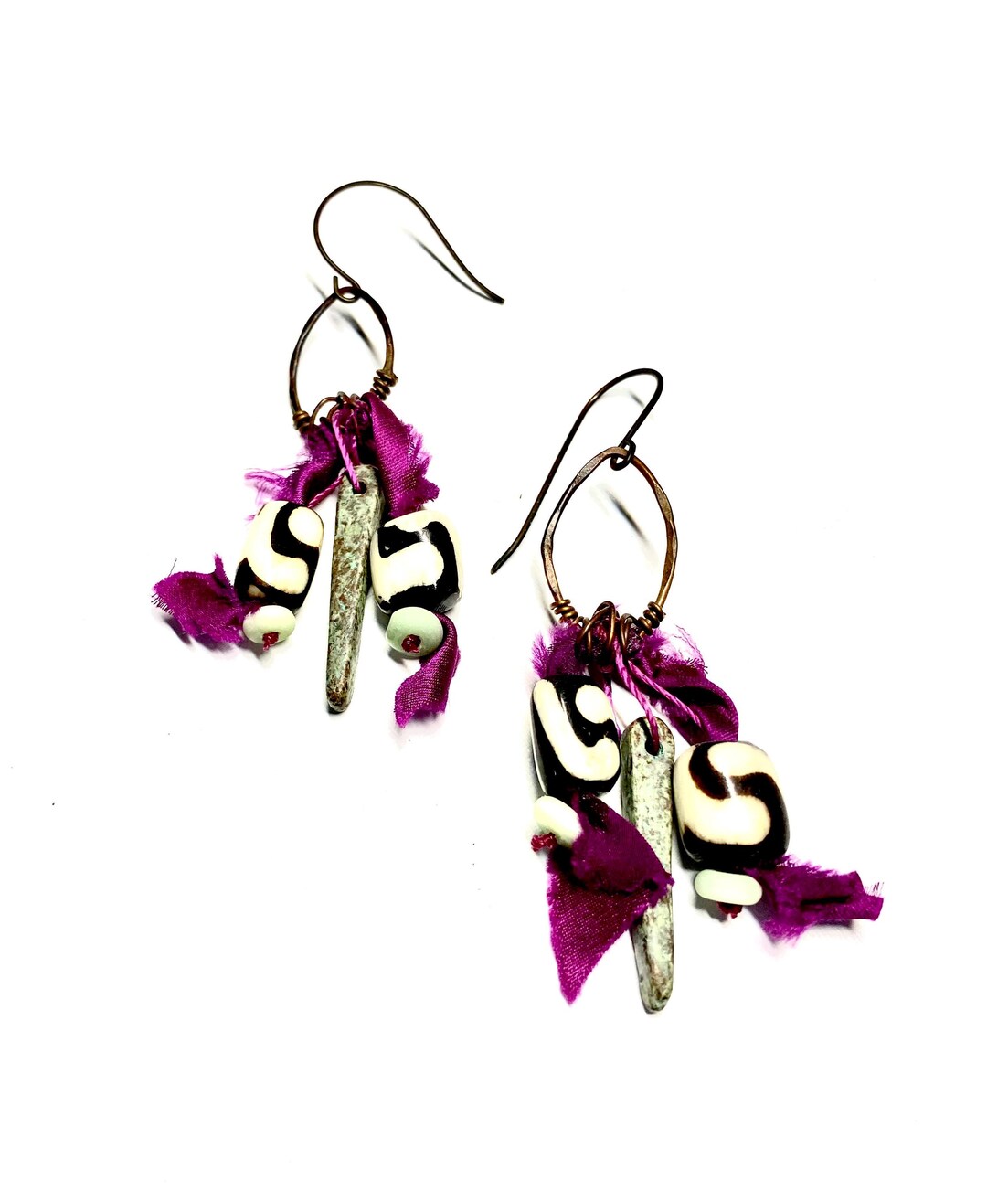 Boho Ceramic Spike Batik Bone Magenta Silk Earrings - Etsy